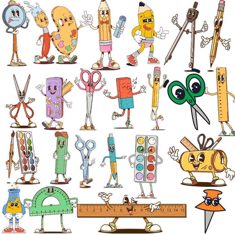 Retro School Characters Cartoon Bundle PNG, Back to School Supplies ...