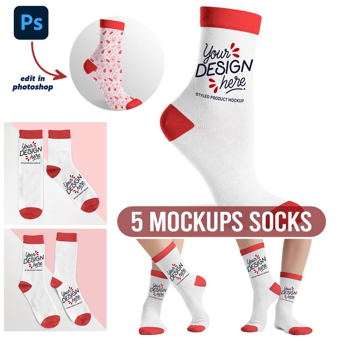 Crew Sock Mockup Bundle, Smart Object Sublimation Sock Mock, Photoshop ...