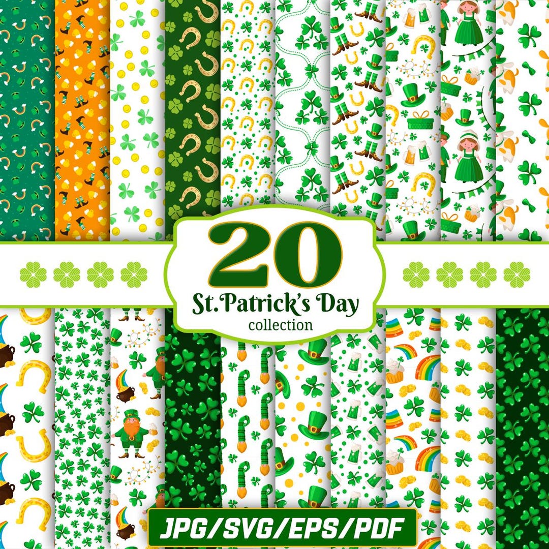 St. Patrick's Day Digital Papers Set, Shamrock Patterns, Four Leaf ...