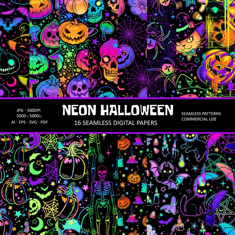 Neon Halloween Seamless Digital Paper, Spooky Neon Designs, Bats ...