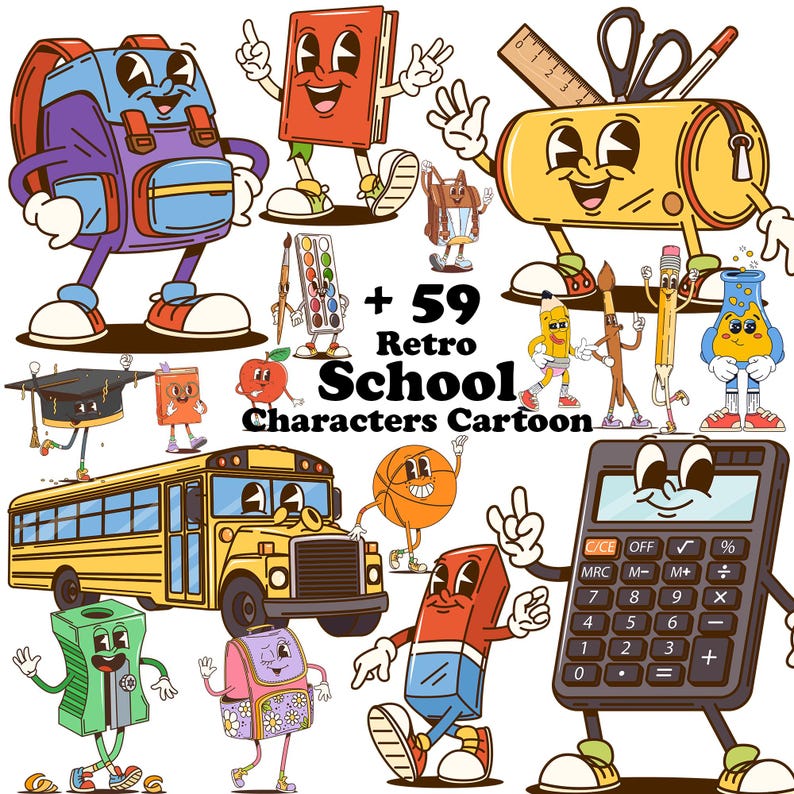 Retro School Characters Cartoon Bundle PNG, Back to School Supplies ...