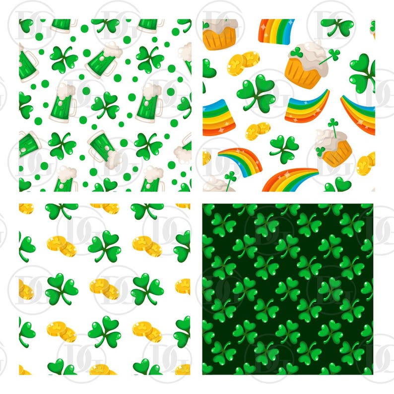 St. Patrick's Day Digital Papers Set, Shamrock Patterns, Four Leaf ...