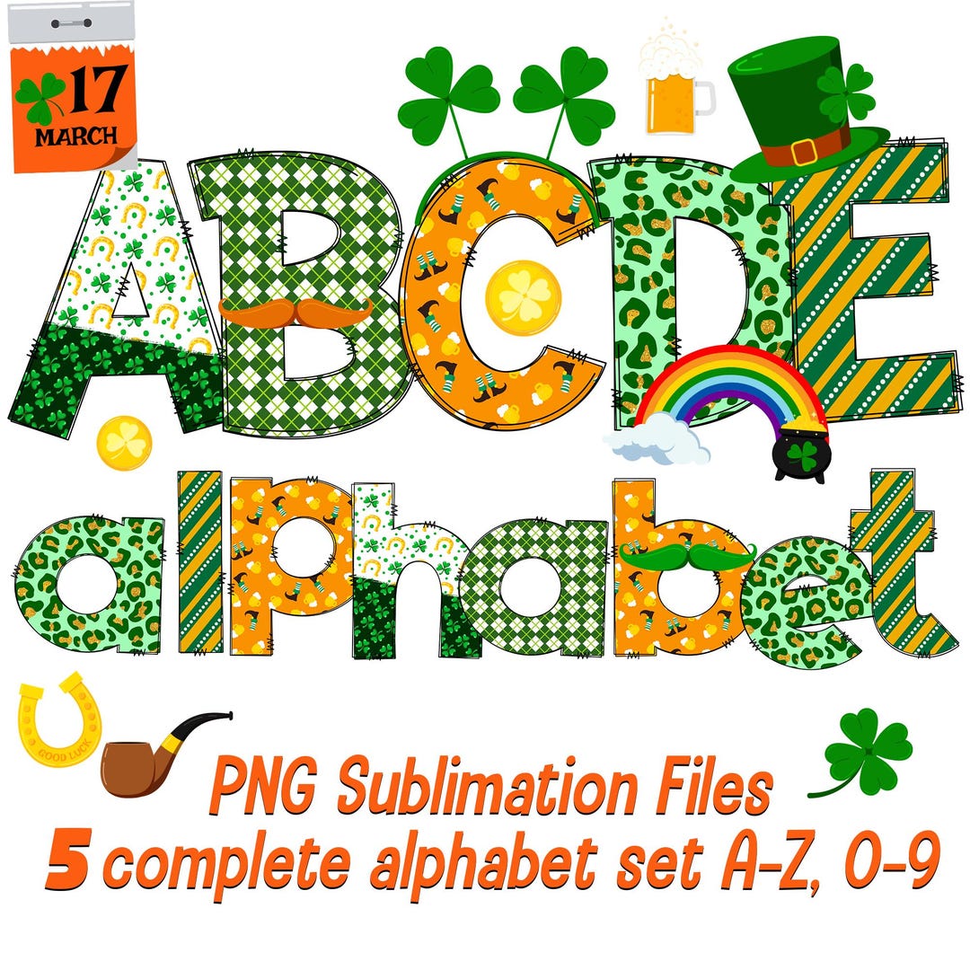 St Patrick's Day Doodle Alphabet Bundle, St Patrick's Letters, Numbers ...
