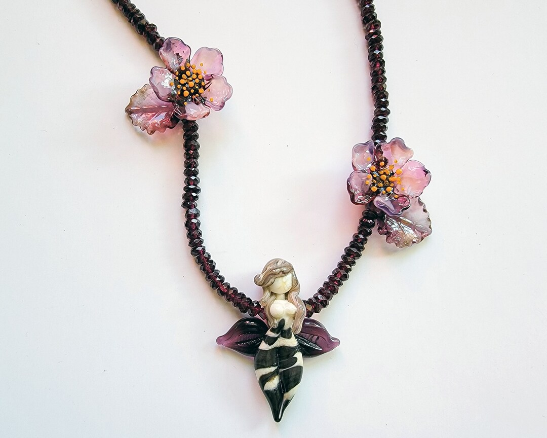 Lampwork Fairy Goddess Necklace With Flowers and Garnet Beads - Etsy