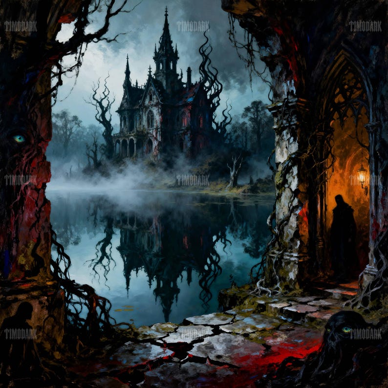 Gothic Haunted Castle – Dark Lake Reflections & Hooded Figure | Macabre ...