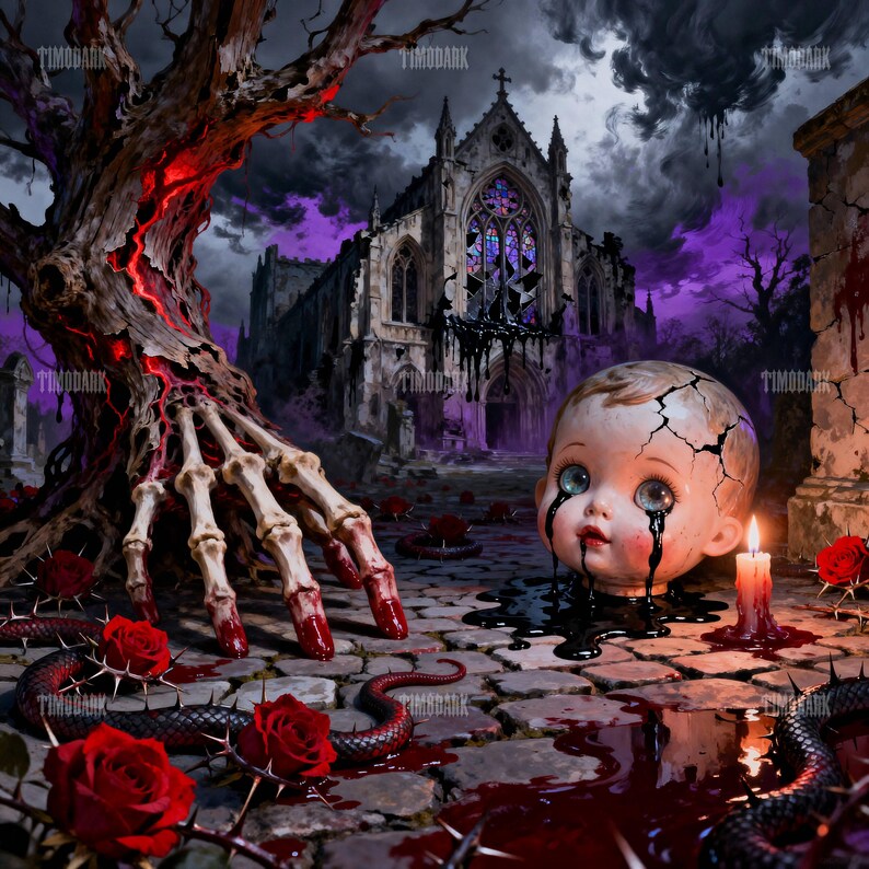 Gothic Horror Doll Art Print – Skeleton Tree, Dark Fantasy (digital ...