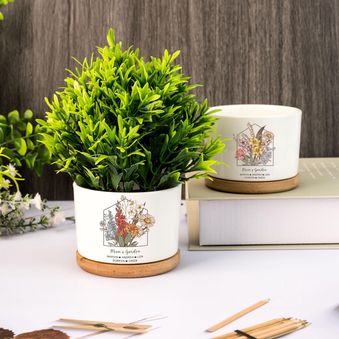 Personalized Birth Flowers Pot, Mom's Garden Flower Pot With Bamboo ...