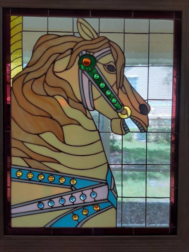 Brown Carousel Horse Stained Glass Panel - Etsy