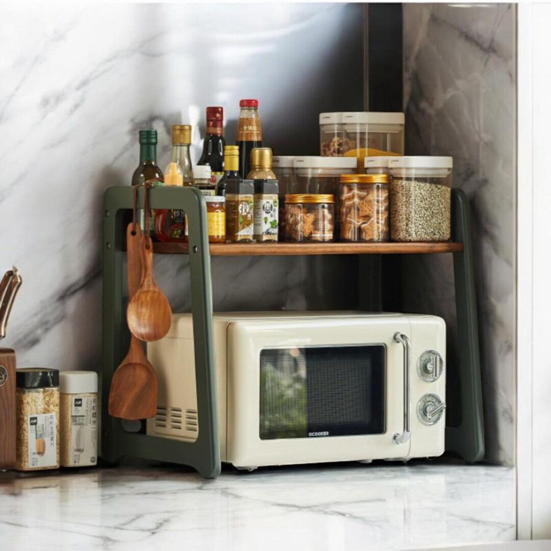 Kitchen Condiment Storage Rack Countertop Punch-free Solid Wood Double ...