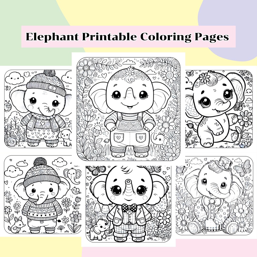 6 Cute Elephant Printable Coloring Pages, Coloring Page, Instant ...