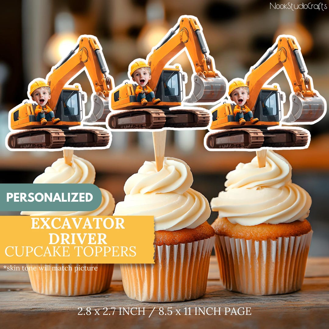 Excavator Face Cupcake Toppers | Personalized Construction Birthday ...