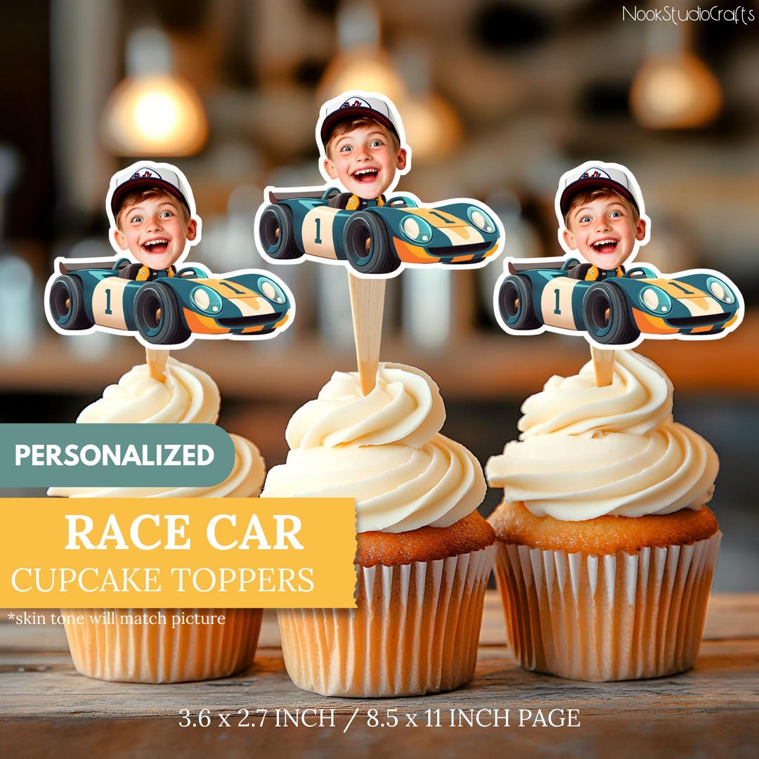 Race Car Face Cupcake Toppers | Personalized Party Decor | Custom Cake ...