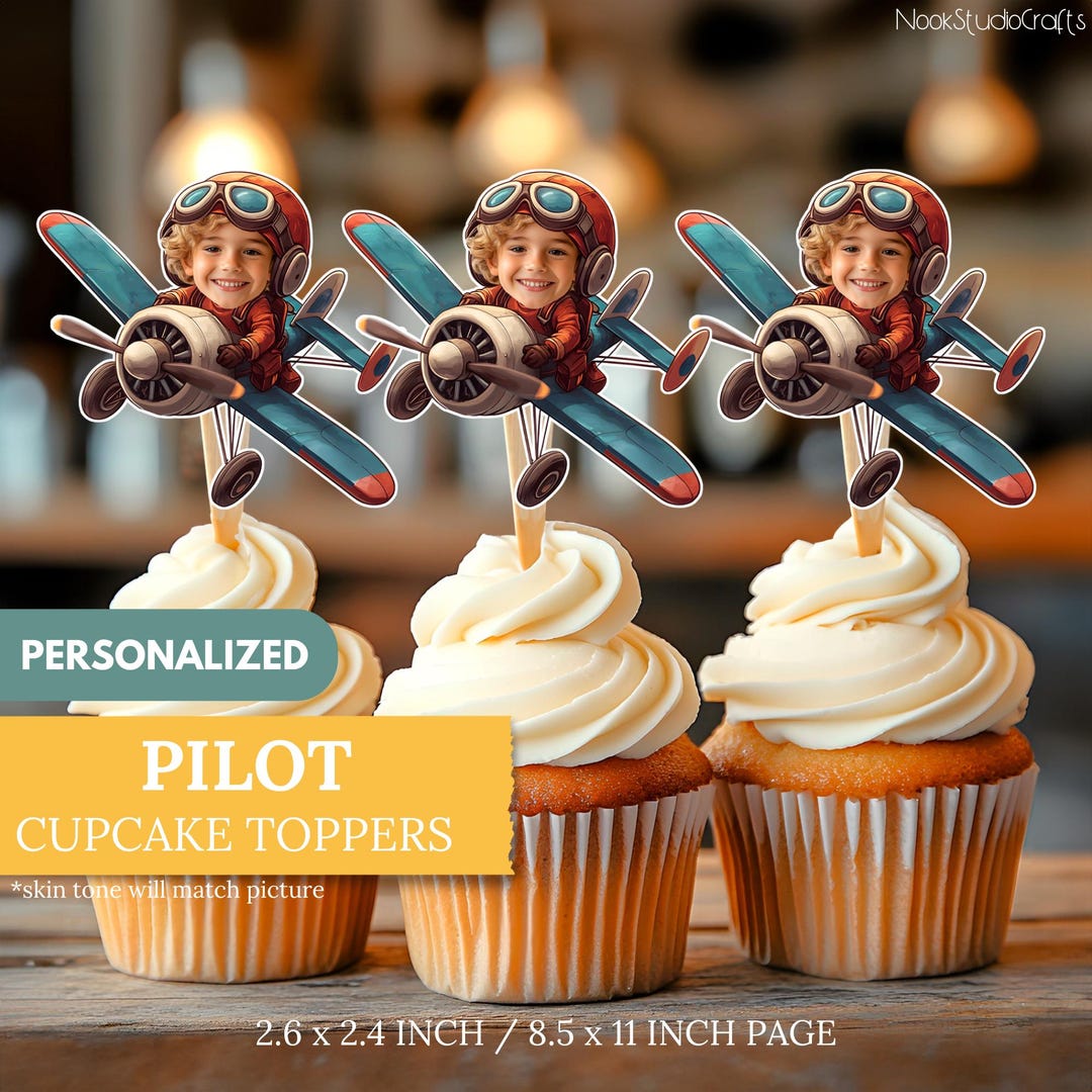 Pilot Cupcake Toppers | Personalized Aviator Face Decor | Custom ...