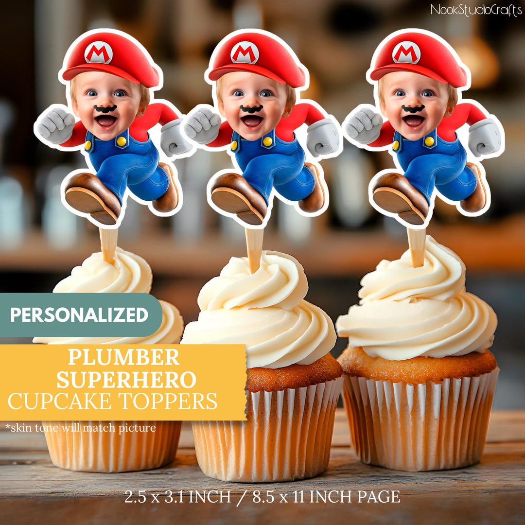 Plumber Superhero Face Cupcake Toppers | Personalized Party Decor ...