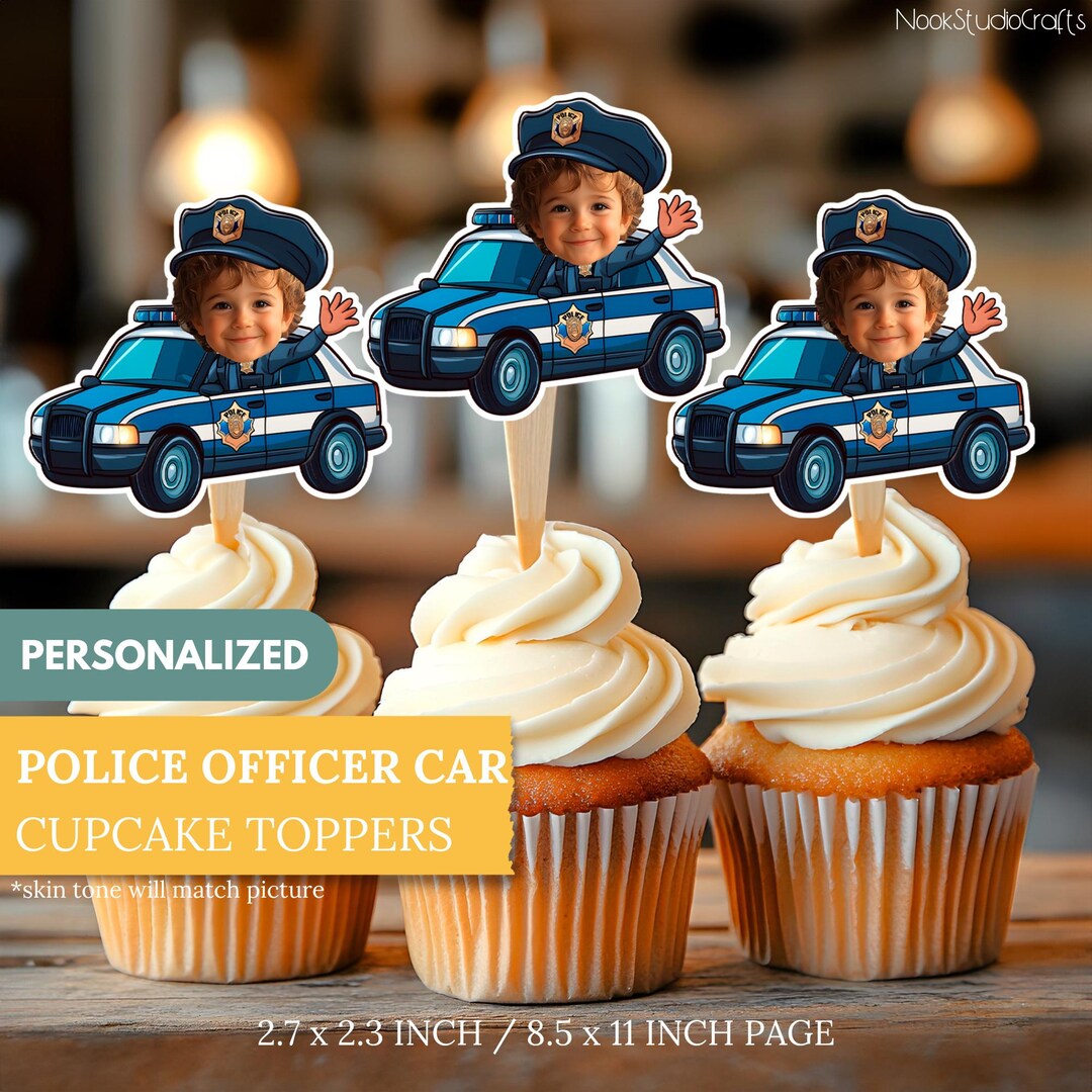 Police Officer Car Face Cupcake Toppers | Personalized Party Decor ...