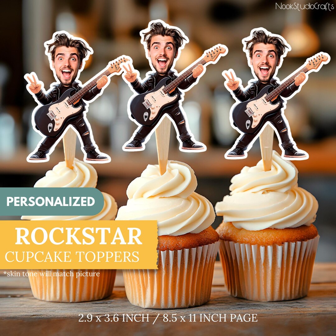 Rockstar Face Cupcake Toppers – Custom Photo Rock 'n' Roll Birthday ...