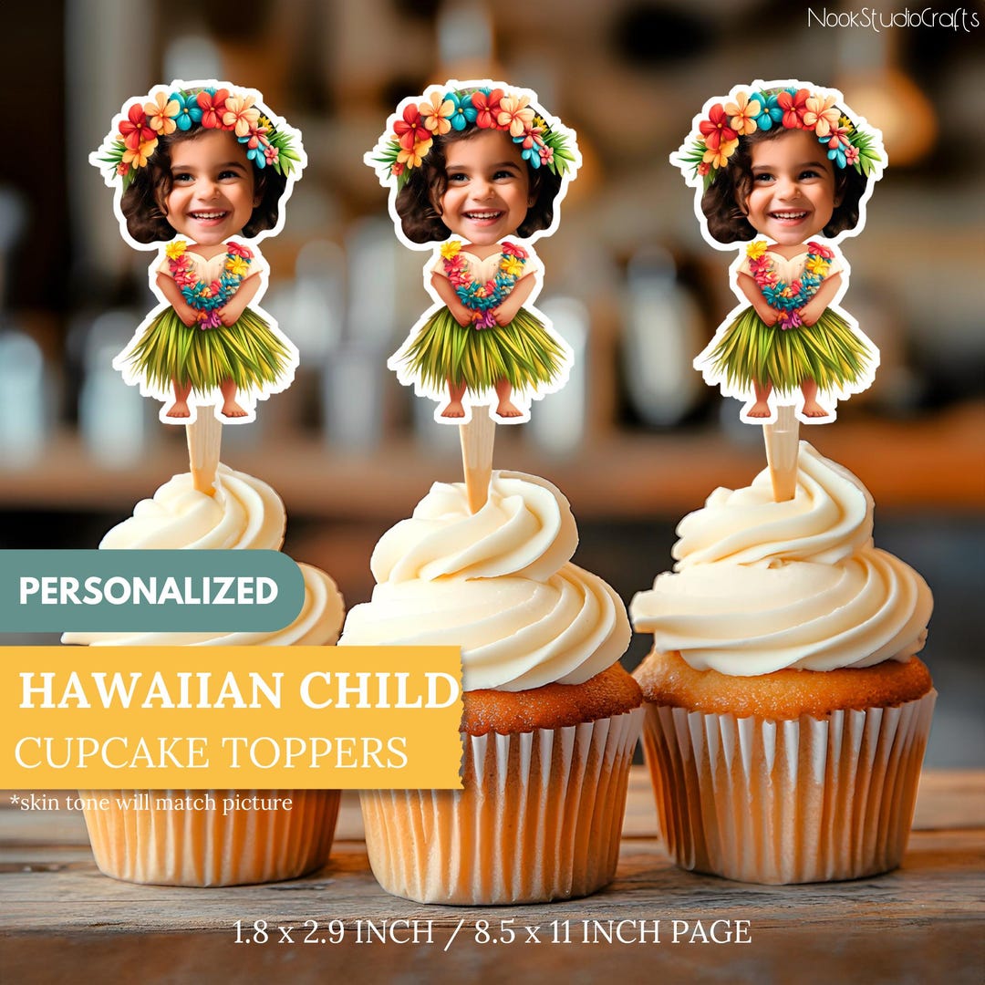 Hawaiian Child Face Cupcake Toppers | Personalized Party Decor | Custom ...