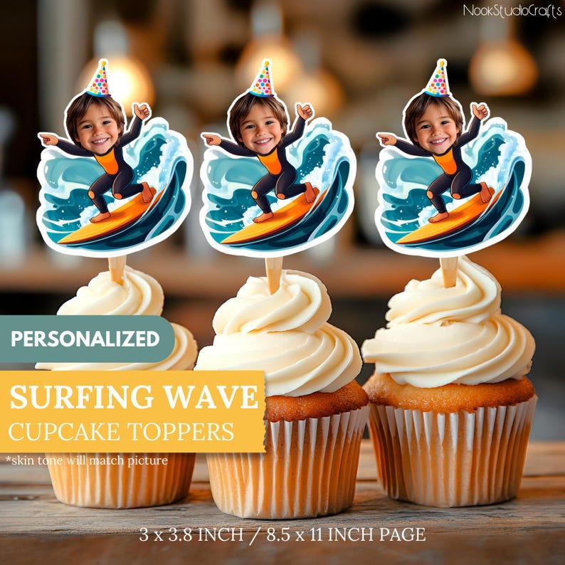 Surfing Wave Cupcake Toppers | Personalized Party Decor | Custom Cake ...
