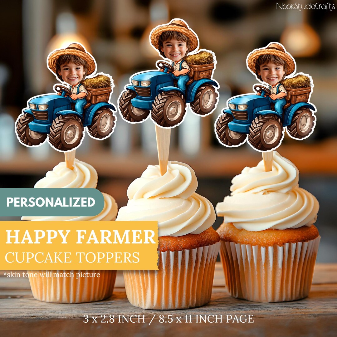 Happy Farmer Cupcake Toppers | Personalized Party Decor | Custom Cake ...
