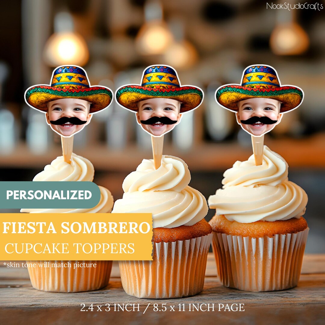Fiesta Sombrero Face Cupcake Toppers | Personalized Party Decor ...