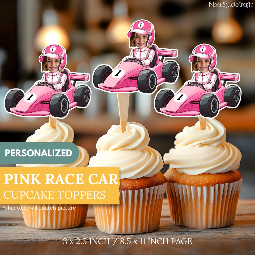Pink Race Car Cupcake Toppers | Personalized Party Decor | Custom Cake ...