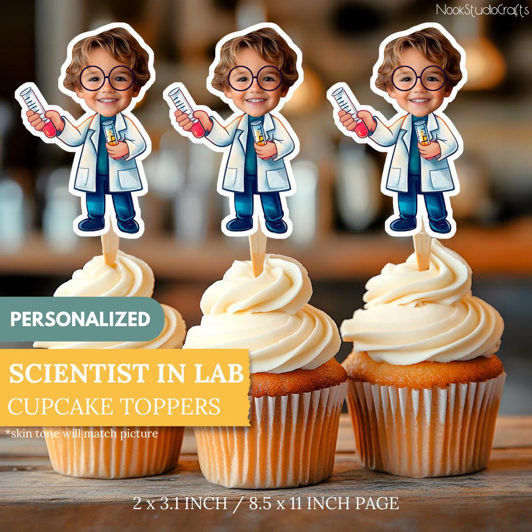 Scientist in Lab Face Cupcake Toppers | Personalized Party Decor ...