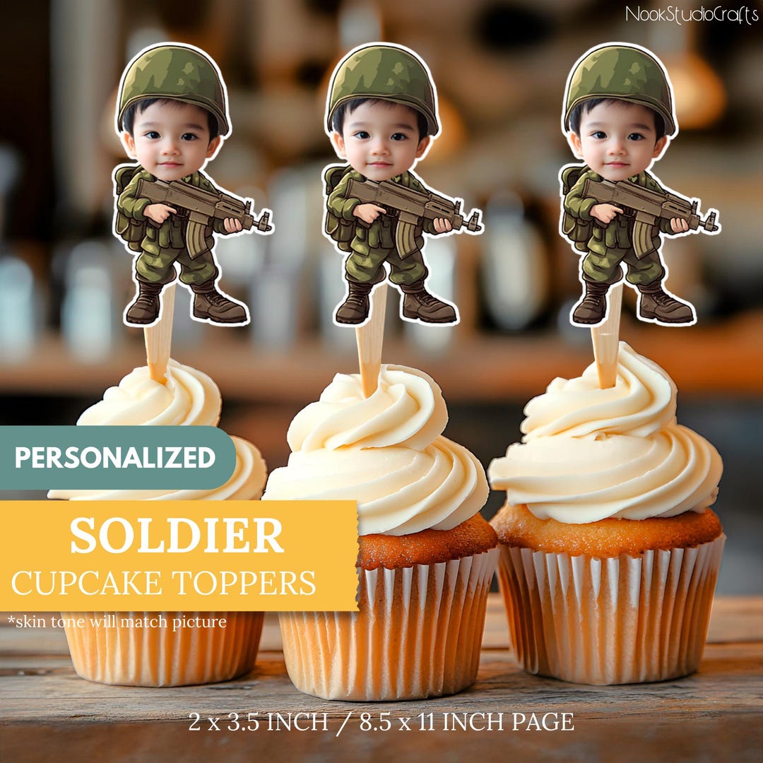 Soldier Face Cupcake Toppers | Personalized Party Decor | Custom Cake ...