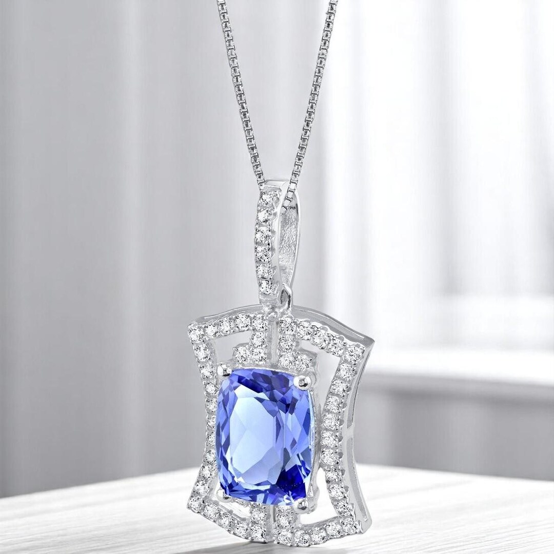 Simulated Tanzanite Pendant Necklace Sterling Silver – 3 Carat Art Deco ...