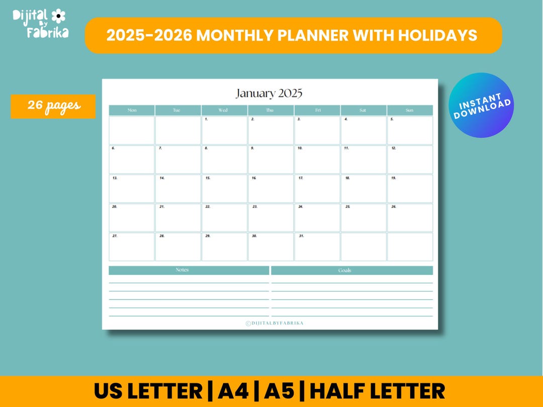 2025-2026 Monthly Planner With Holidays, Monthly Organizer, Month at a ...