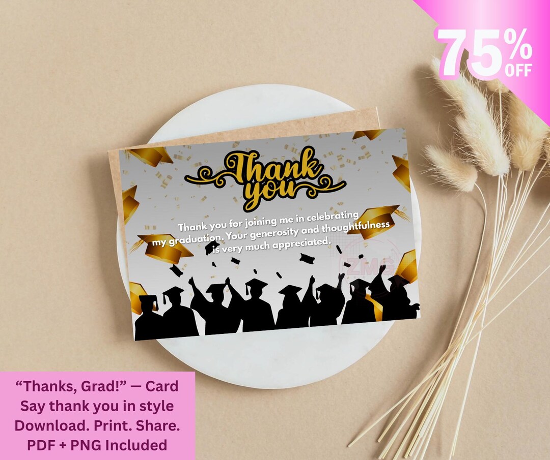 Printable Graduation Thank You Card: Black & Gold Design (PNG, PDF) - Etsy