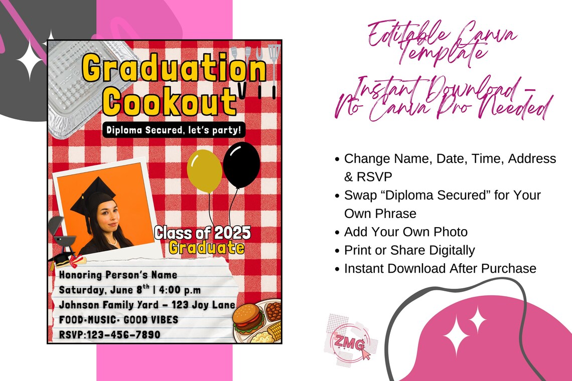 Graduation Cookout Invitation | Editable Canva Template | Red Checkered ...