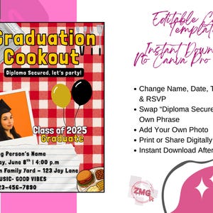 Graduation Cookout Invitation | Editable Canva Template | Red Checkered ...