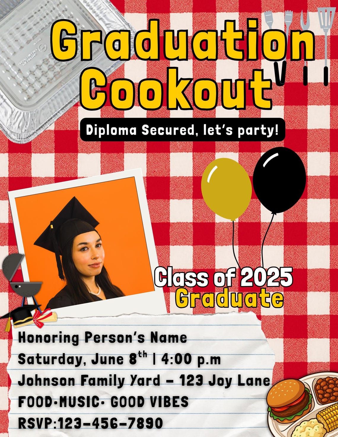 Graduation Cookout Invitation | Editable Canva Template | Red Checkered ...