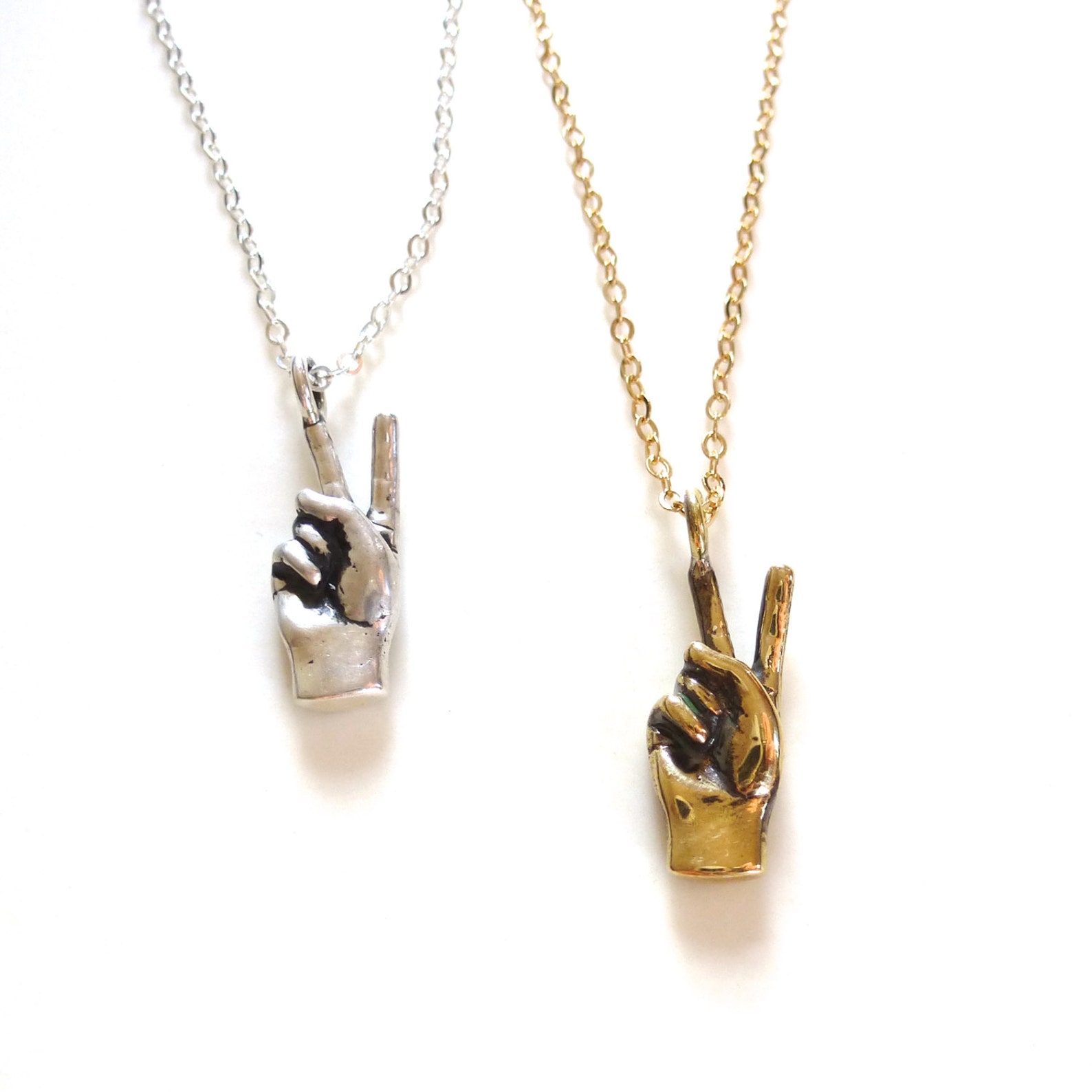 Tiny Peace Sign Hand Necklace - Etsy