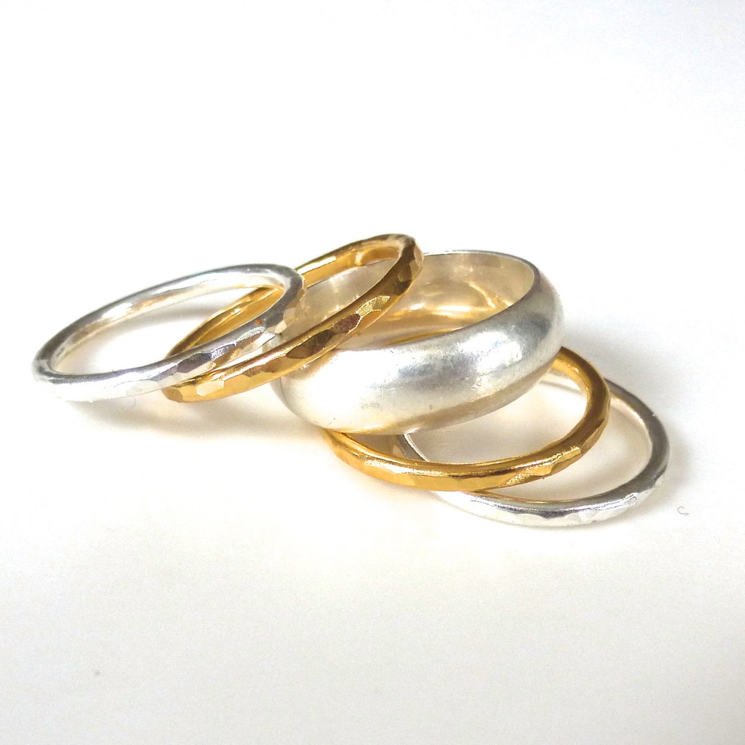 The Ultimate Stack Ring Set // 5 Sterling Silver and Gold Hammered ...