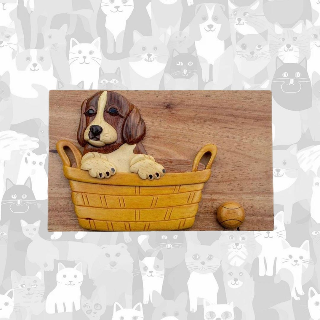 Playful Dog: Carver Dan's Hand-crafted Wooden Keepsake Gift Box. A ...