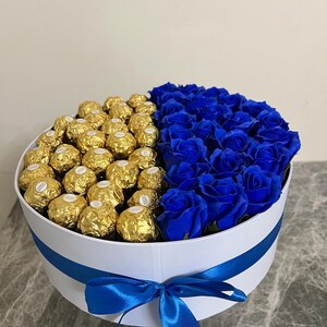 Luxury Royal Blue Artificial Rose & Ferrero Rocher Gift Box ...