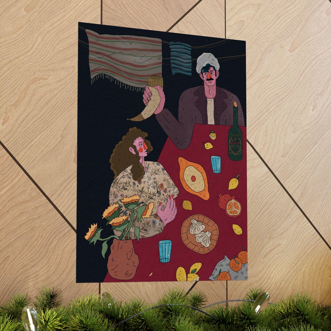 Georgian Folk Art Poster – Rustic Supper Scene With Khinkali & Wine ...