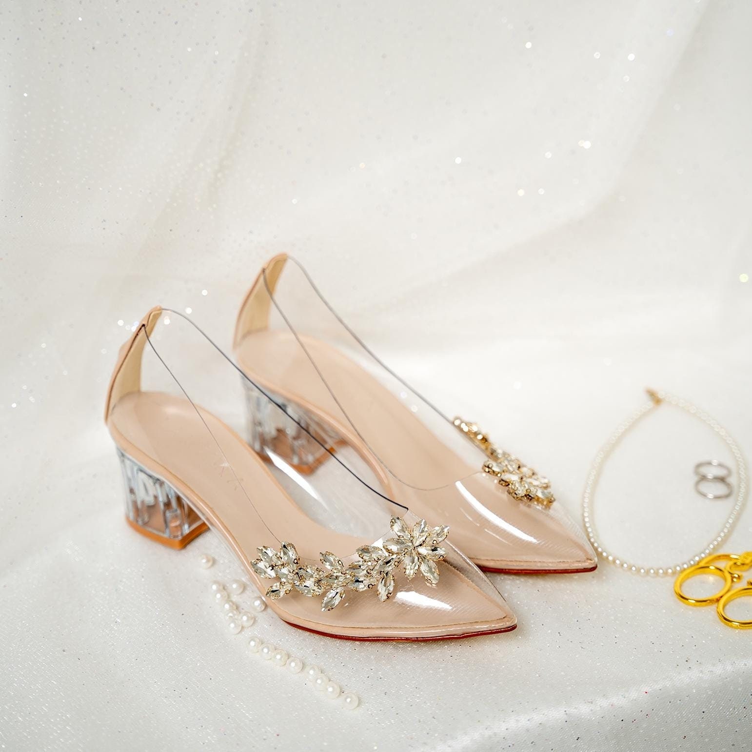 Princess Low Heeled Bridal Shoes, Transparent Flower Heeled Shoes ...