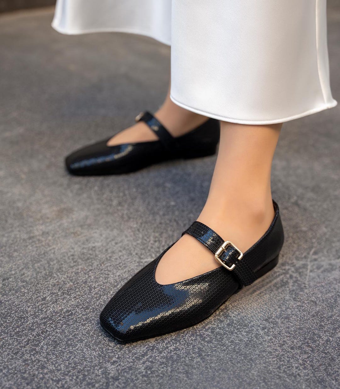 Black Shiny Buckle Women's Ballet Flats, Sequin Print Ballet Flats ...