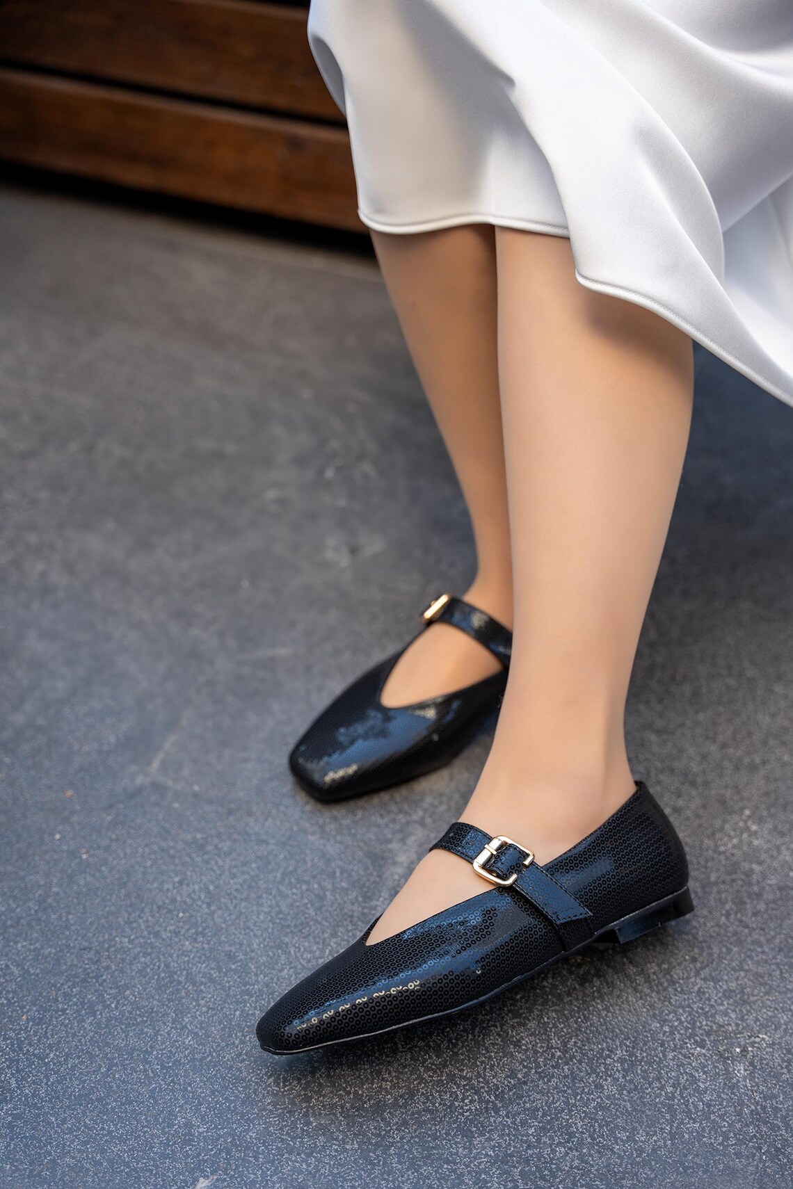 Black Shiny Buckle Women's Ballet Flats, Sequin Print Ballet Flats ...