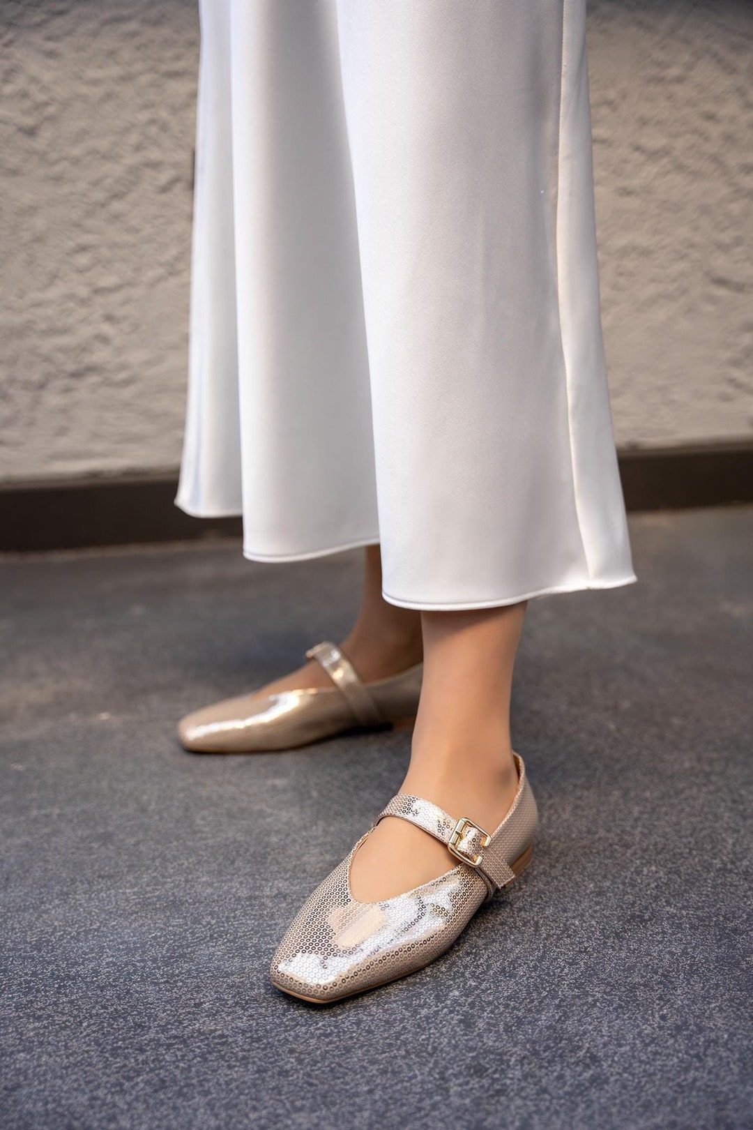 Gold Shiny Buckle Women's Ballet Flats, Sequin Print Ballet Flats ...