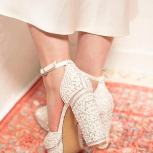 Ivory Pearl Stone Detailed Bridal Shoes, Platform Heeled Shoes, Wedding ...