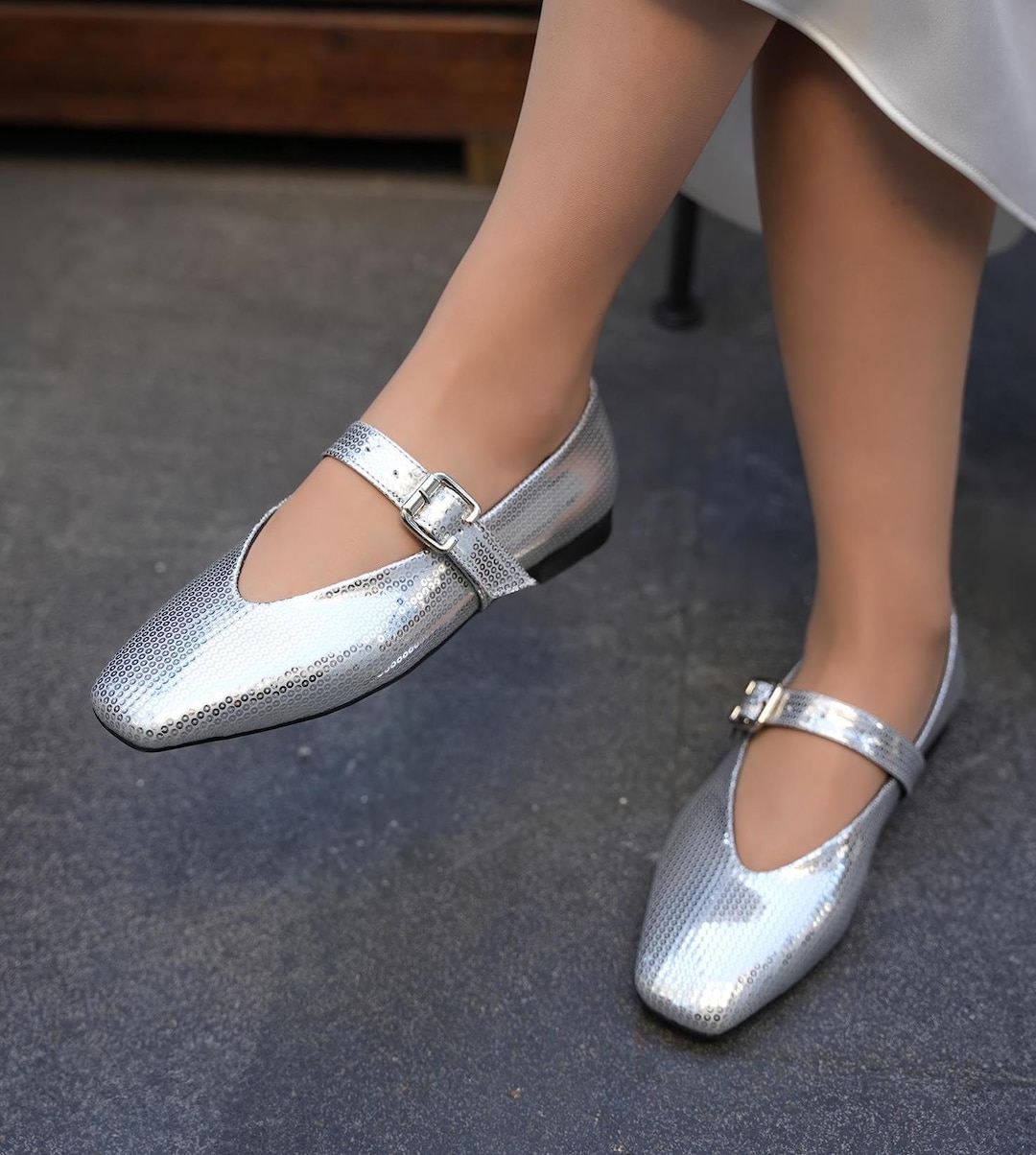 Silver Shiny Buckle Women's Ballet Flats, Sequin Print Ballet Flats ...