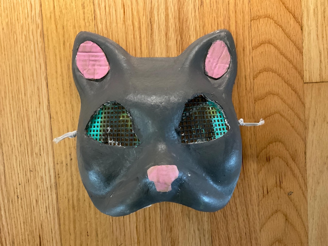 Painted Wide-eyed Grey Cat Therian Mask With Teal Eyes - Etsy