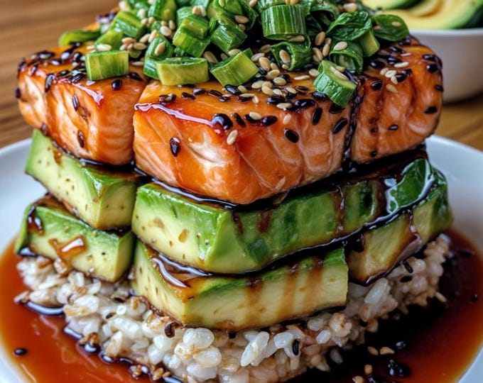 BEST RECIPE for Teriyaki Salmon Avocado Rice Stack, Easy Recipe, Dinner ...