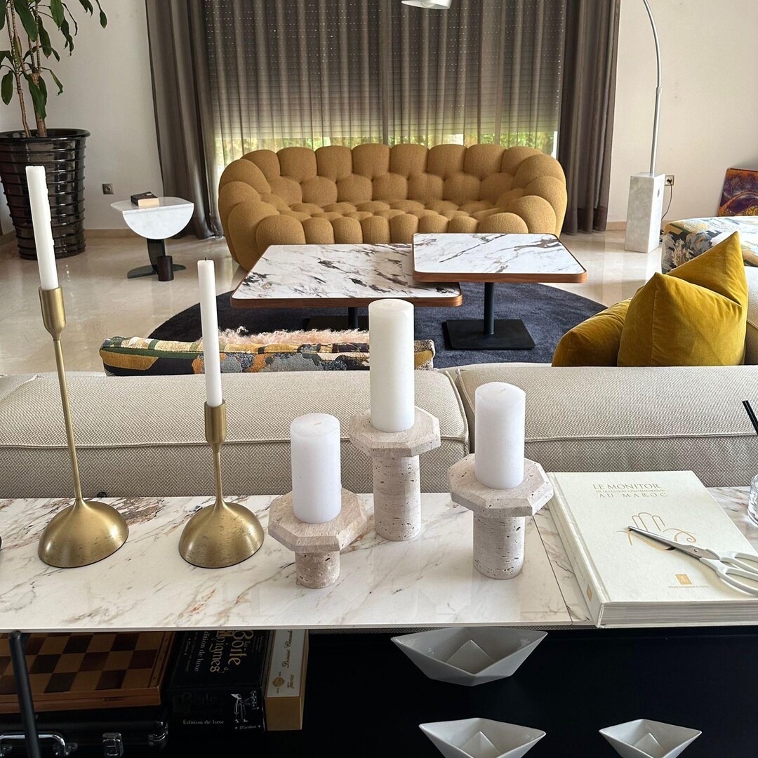 Set of 3 Travertine Candle Holders, Octagonal Shaped Candle Holders ...