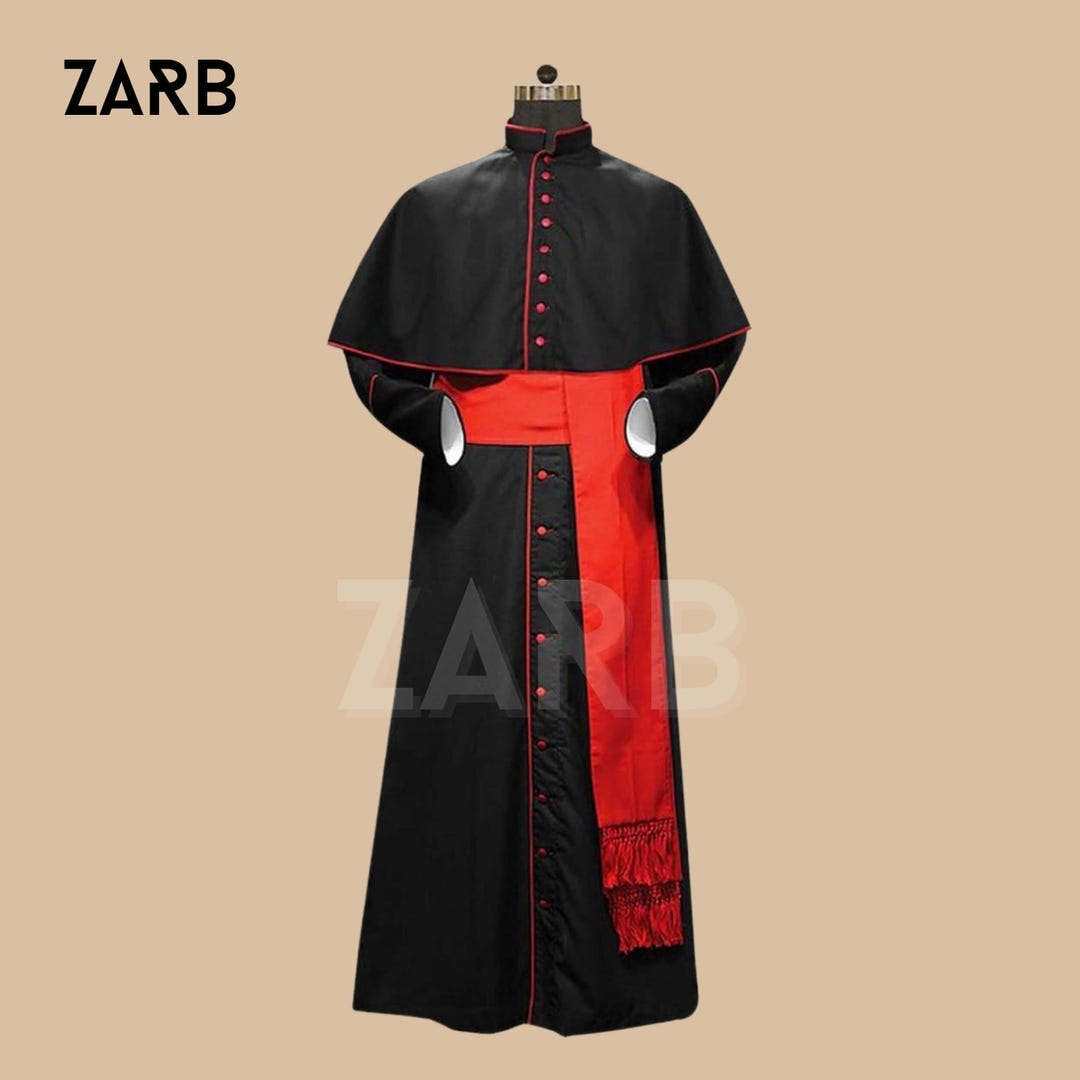 Traditional Black & Red Priest Cassock Robe Clergy Vestment, Catholic ...