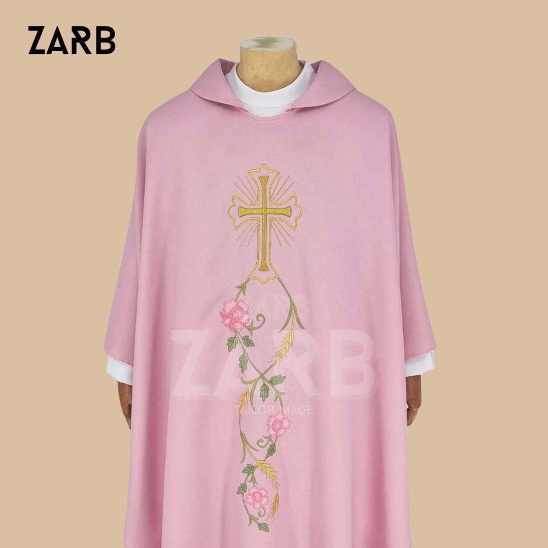 Pink Chasuble With Cross Embroidery | Floral Gothic Priest Vestment ...