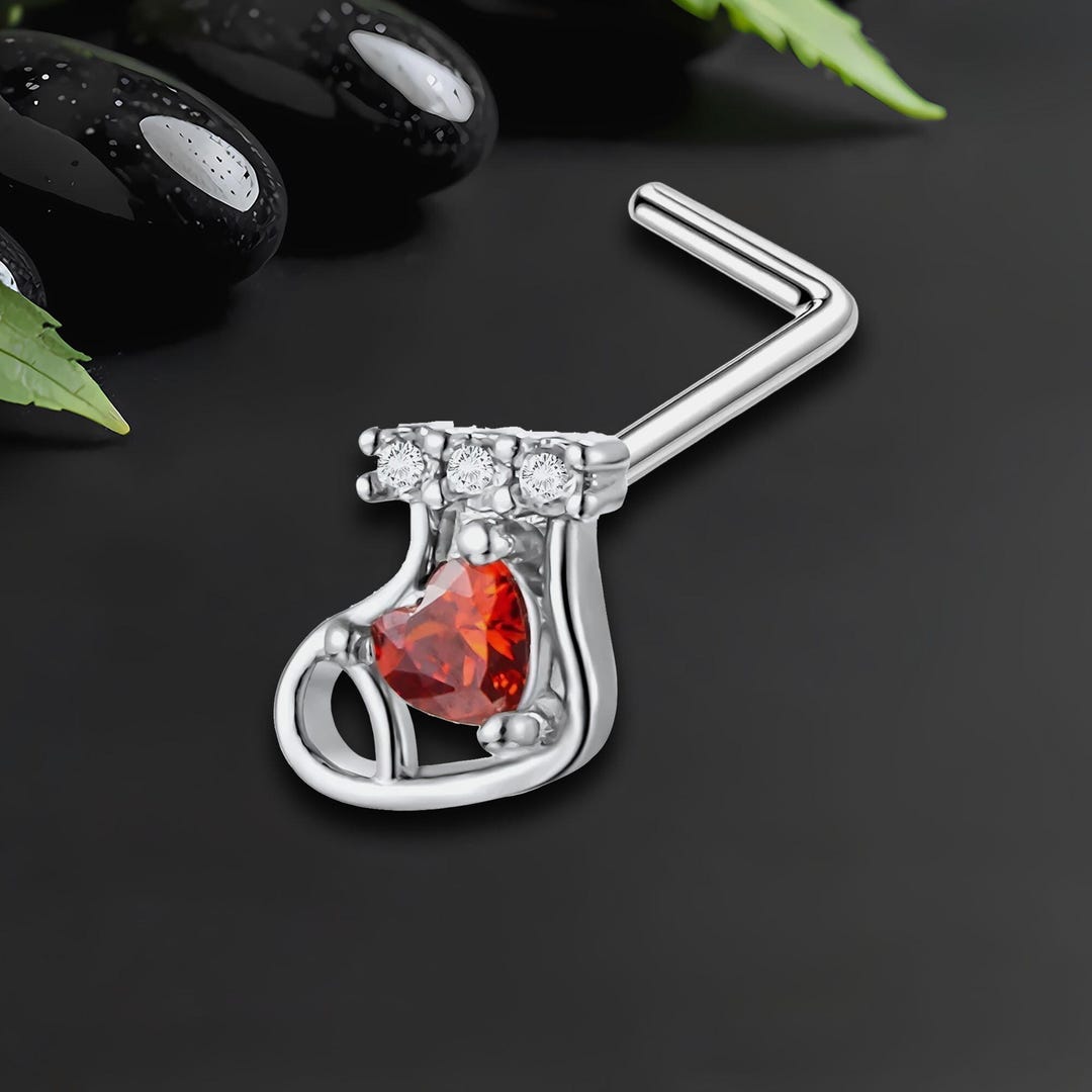 Silver Plated L-shaped Nose Ring Stud With Christmas Sock and CZ, 18G ...